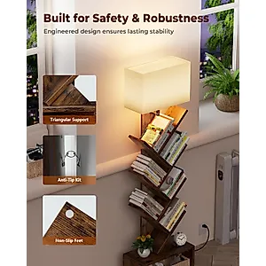 Evermagin 6 Tier Tree Bookshelf with Light, Small Bookcase Tower for Books/CDs/Movies, Tall Floor Standing Book Organizer with Storage Cabinet for Living Room, Bedroom & Home Office, Rustic Brown