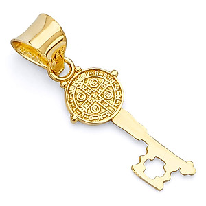 14k REAL Yellow Gold Religious Key Saint Benito Charm Pendant