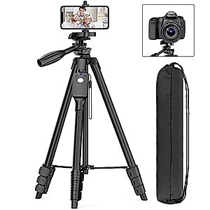 60" Camera Tripod with Travel Bag,Cell Phone Tripod with Remote,Professional Aluminum Portable Tripod Stand with Phone Tripod Mount&1/4”Screw,Compatible with Phone/Camera/Projector/DSLR/SLR