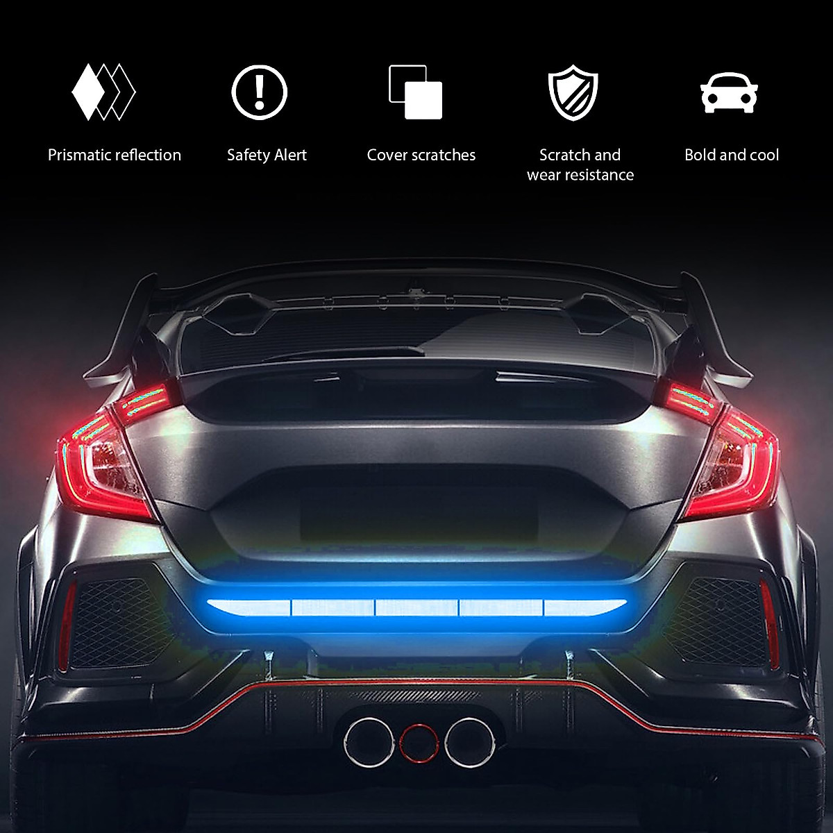 UGSHY 5 PCS Car Rear Reflective Stickers, 35.4" x 1.3" Trunk Body Anti-rearend Collision Safety Warning Decals, Bumper Arrow Eye-catching Decorative Stickers, Universal for Most Cars (Blue)