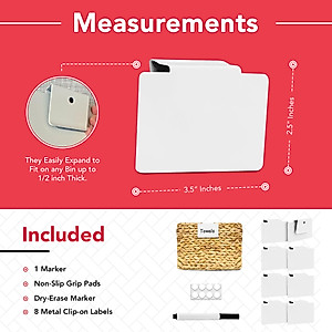 Labels for Storage Bins | Metal Storage Bin Labels (2.5” x 3.5”) - Set of 8 Basket Clip On Labels for Storage Bins w/Non-Slip Grip Pads & Dry Erase Marker - Removable Bin Labels for Storage Bins