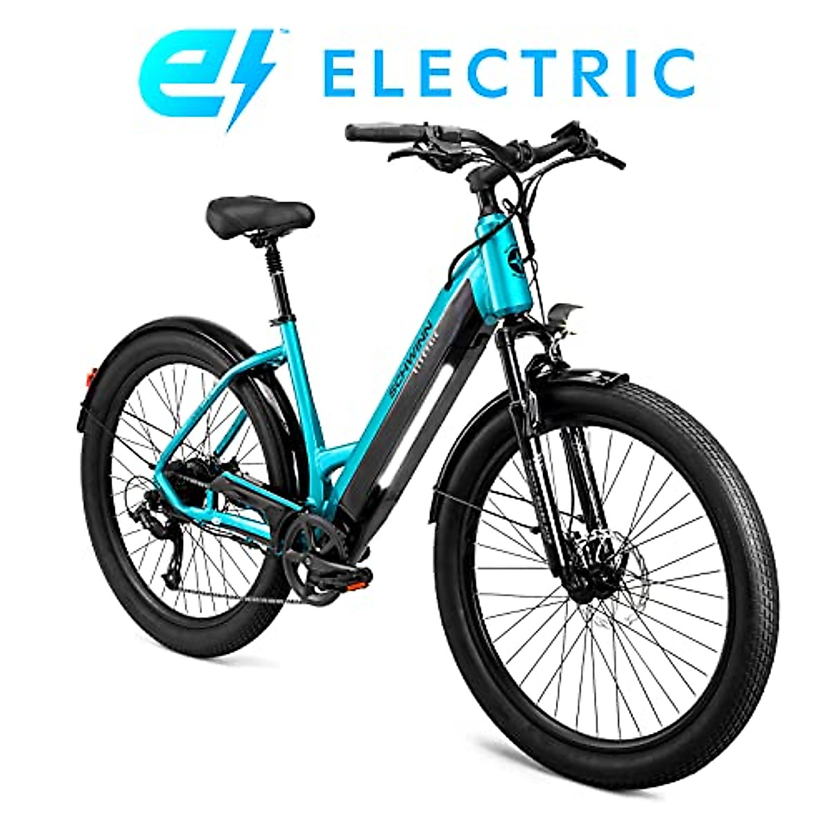 Schwinn Coston CE Hybrid Electric Bike for Adults, 20MPH eBike, Up to 35 miles on a Single Charge, 27.5-Inch Wheels, 7-Speed, Large/X-Large Step-Thru Frame, Gloss Teal