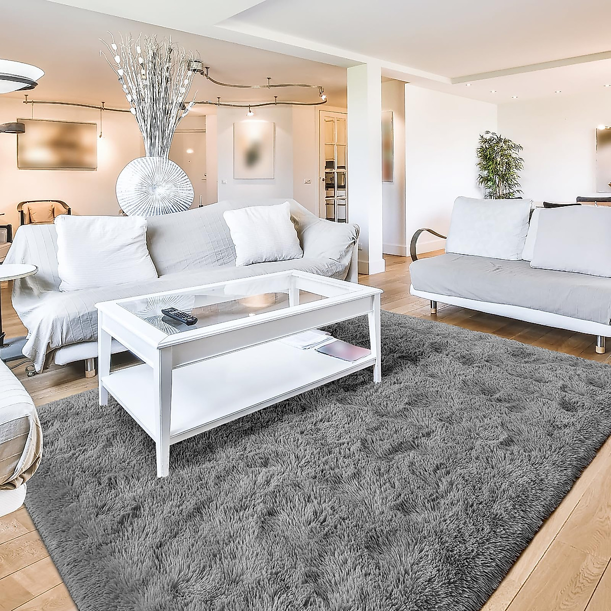 Terrug Fluffy Large Area Rugs for Living Room Bedroom, Grey 8x10 Rug Washable Shag Carpet, Super Soft Fuzzy Plush Non-Slip Cute Modern Kids Rug for Nursery College Dorm Classroom Kids Room Home Decor