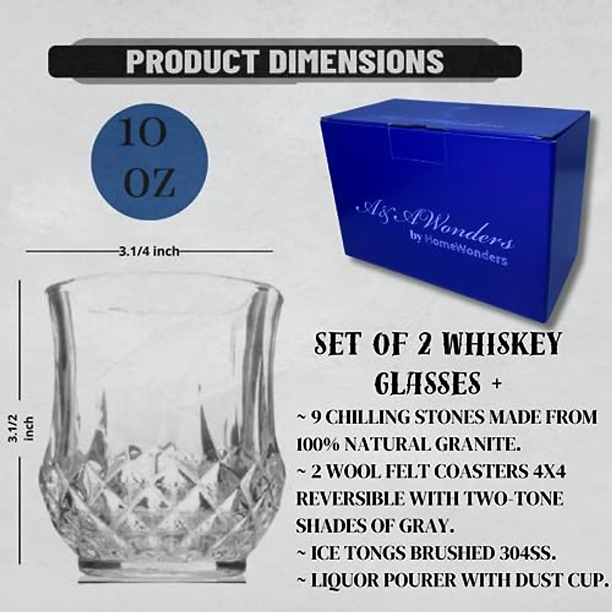 A&A Wonders Premium Whiskey Stones 100% Natural Granite Set Of 9 Chilling Rocks Stone Reusable Ice Cubes For Drinks With Velvet Carrying Pouch, Gift for Whiskey Lovers (Sparks)