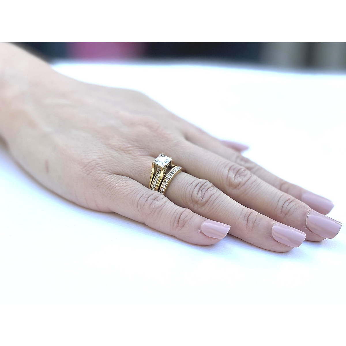 Couples Ring Set Womens 14K Gold Plated Stainless Steel Princess CZ Engagement Ring Mens Gold Plated Flat Wedding Band- Size W10M12