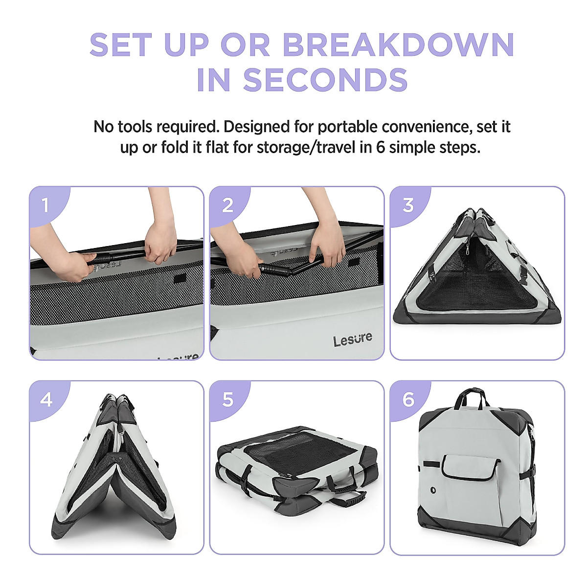 Lesure Collapsible Dog Crate - Portable Travel Kennel for Large Dog, 4-Door Pet Crate with Durable Mesh Windows, Indoor & Outdoor, Light Gray