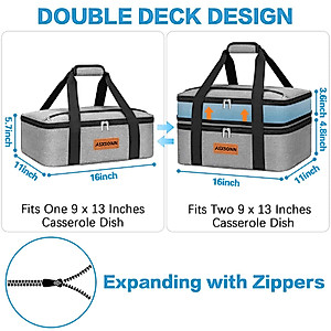 ASXSONN Double Decker Insulated Casserole Carrier for Hot or Cold Food, Expandable Insulated Food Carrier for Parties, Picnic, Beach, Fits 9"x13" Baking Dish (Grey)