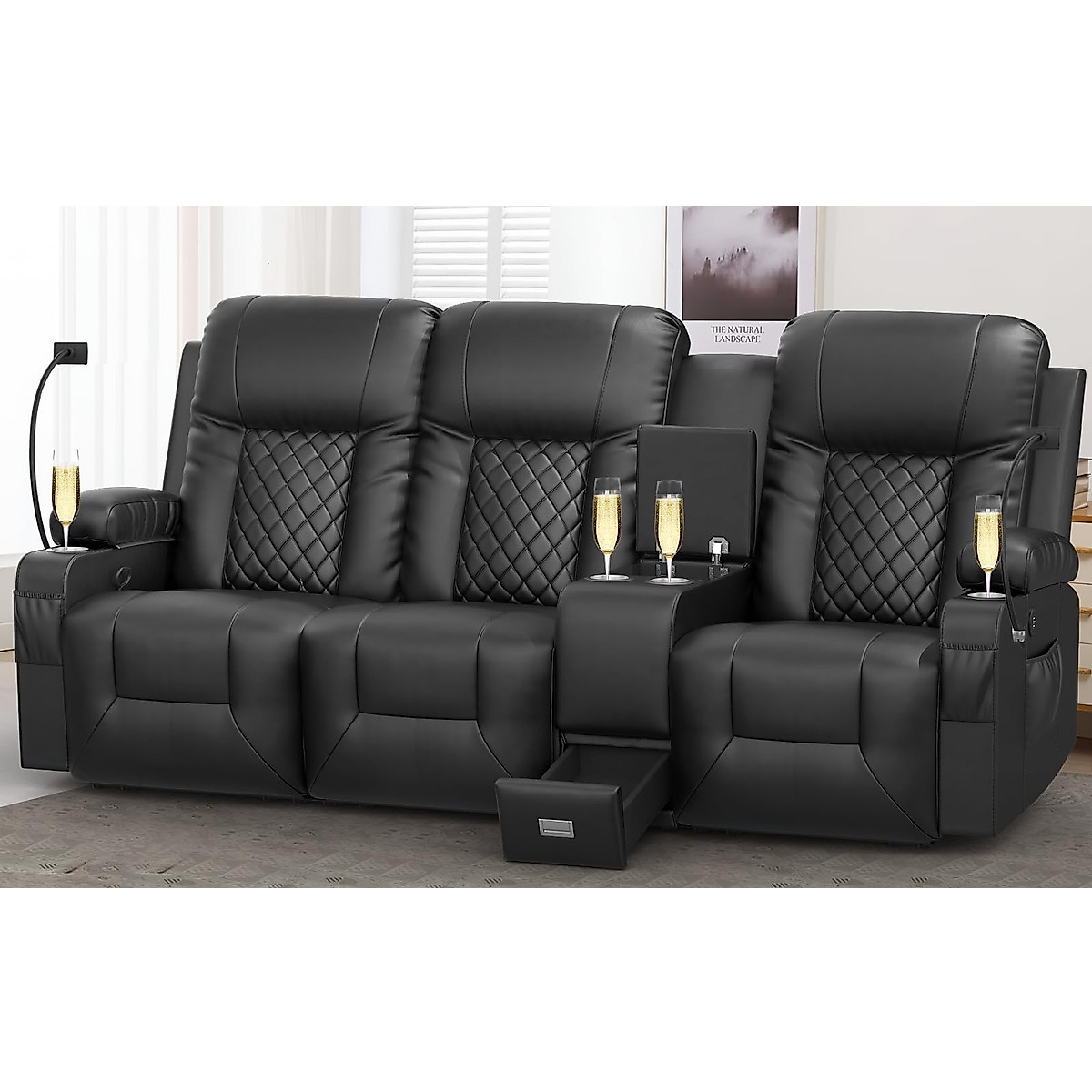 YONISEE 3 Seat Recliner Sofa, Large Reclining Sofa with Storage Console, Manual Reclining Chair with USB Ports, 2 Cell Phone Holder, 3 Seater Loveseat Recliner Couch for Living Room