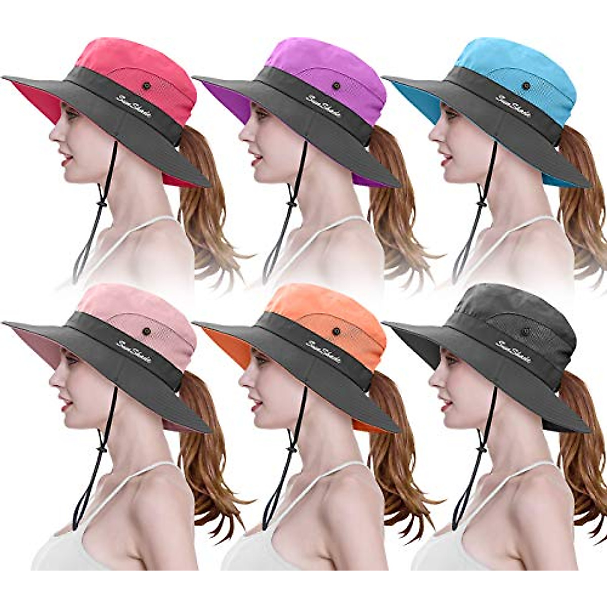 6 Pieces Womens Ponytail Wide Brim Sun Hat Packable UV Protection Beach Cap for Fishing & Hiking (Purple＆Sky Blue＆Watermelon Red＆Pink＆Orange＆Grey)