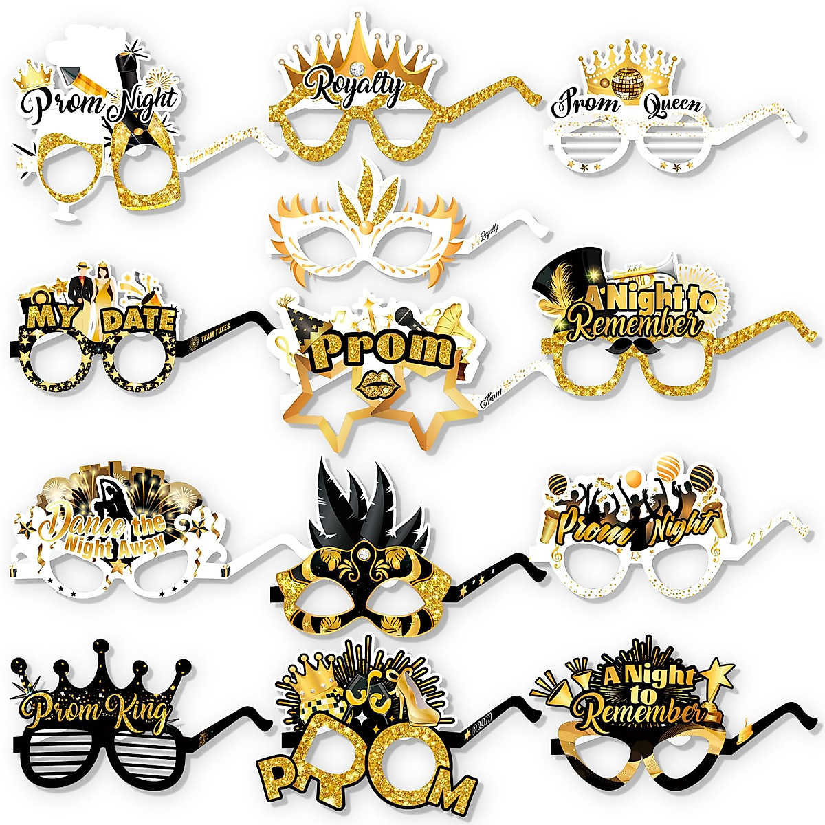 HOWAF 26 pack Prom Night Photo Booth Props Party Glasses, Black Gold Glitter Prom 2024 Photo Booth Paper Glasses Frames for 2024 Graduation Prom Party Supplies, Prom Night Eyewear Prom 2024 Eyeglasses