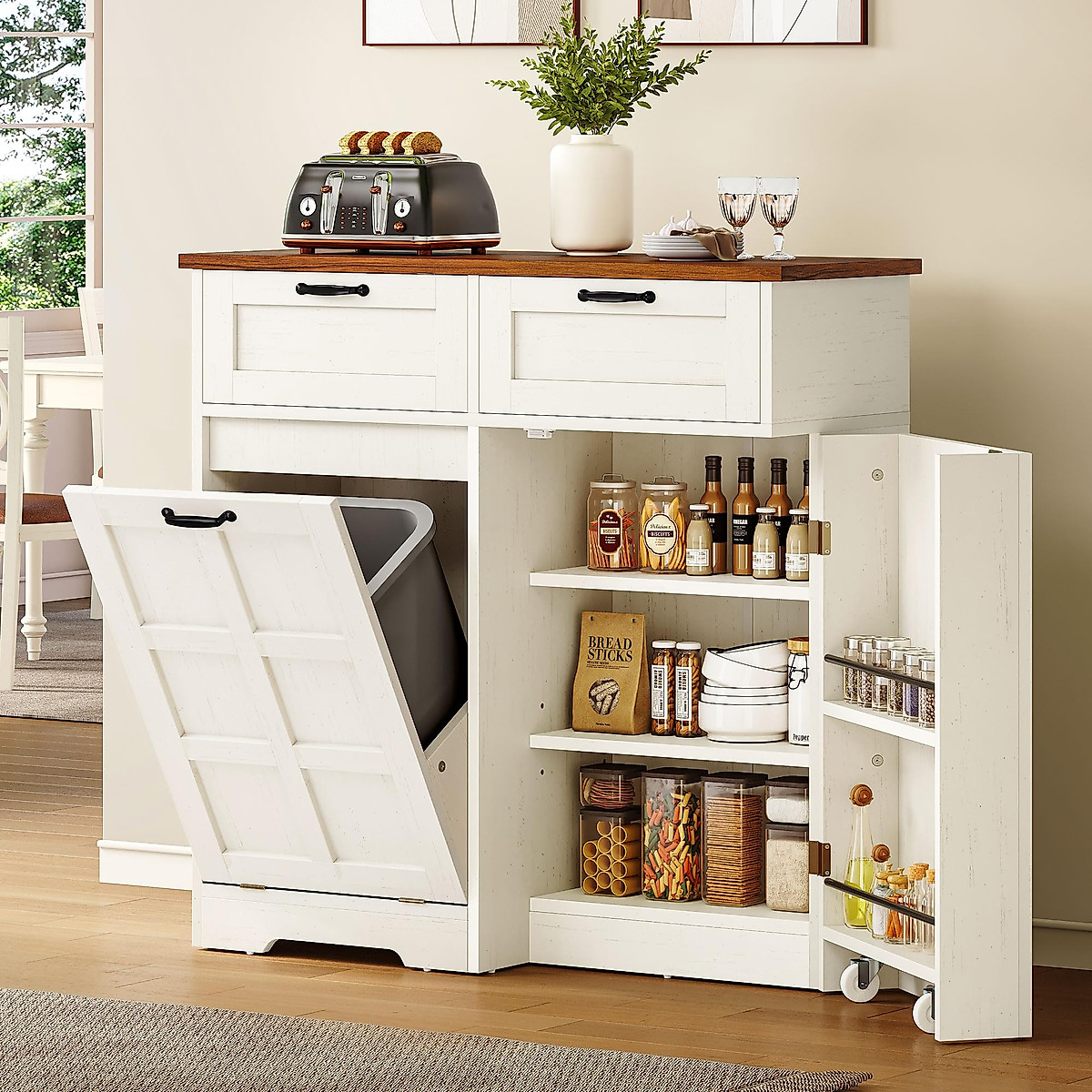 DWVO Trash Can Cabinet with Drawers, Pull Out Trash Can, Hidden Trash Can Cabinet, Garbage Bin Cabinet, Kitchen Island with Trash Can Storage, Ultimate Storage Solutions, White Oak