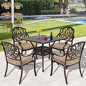 Grepatio 5 Piece Cast Aluminum Patio Dining Set Outdoor Furniture Set Patio Garden Set with 4 Ding Chairs, 4 Cushions and 35.4" Square Patio Table 2.4" Umbrella Hole, Antique Bronze (Khaki)
