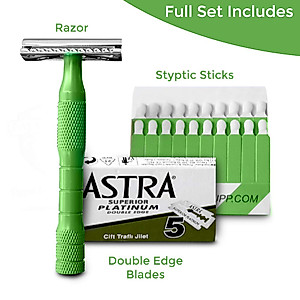 BarberUpp,Razor For Men, Long Handle (Brass) Safety Razor,Free Styptic Sticks,Astra Razor Blades Included, Single Blade Razor Perfect Addition To Your Safety Razor Kit.
