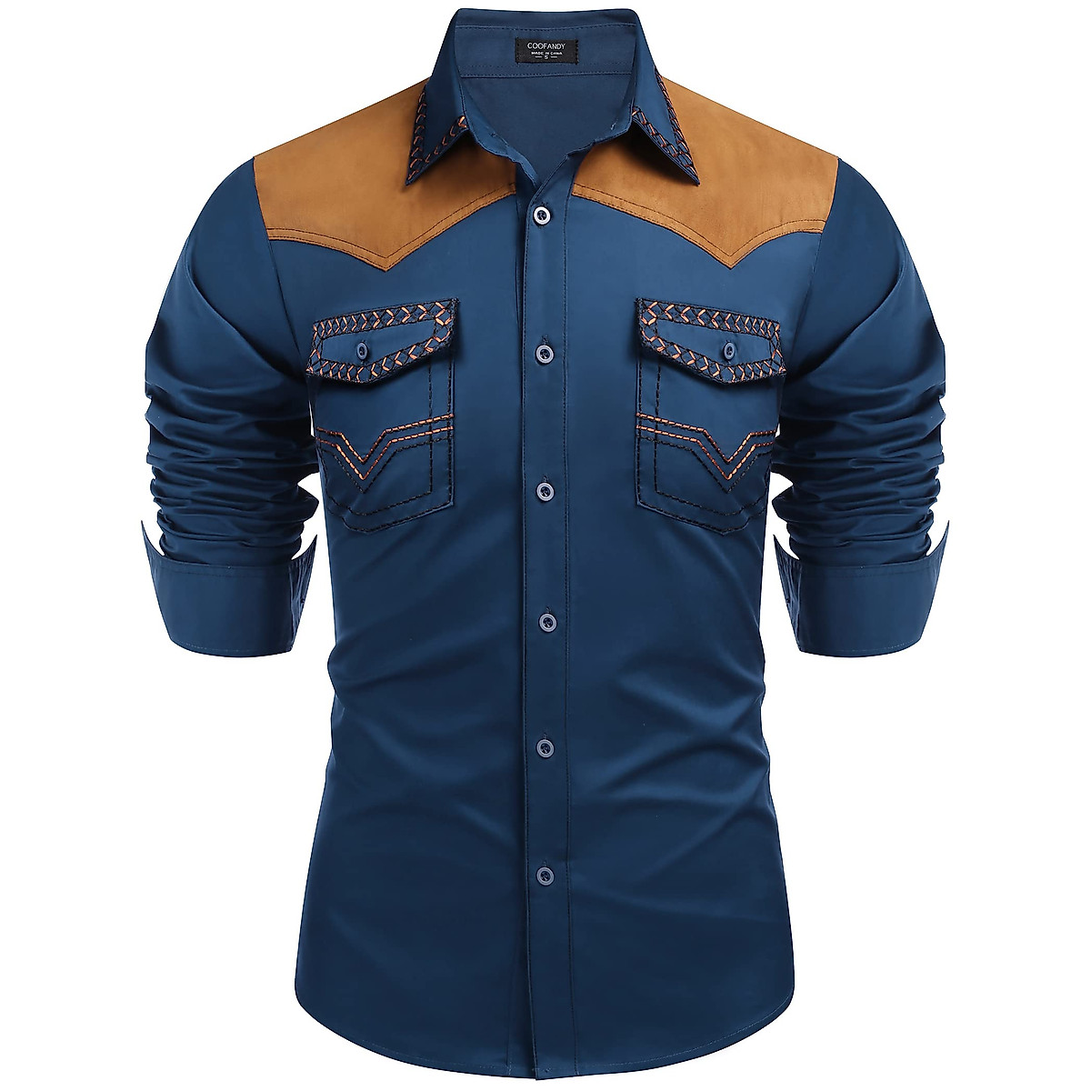 COOFANDY Mens Shirt Western Cowboy Embroidered Long Sleeve Slim Fit Casual Cotton Button Down Hippie with Pockets, Blue, Large, Long Sleeve