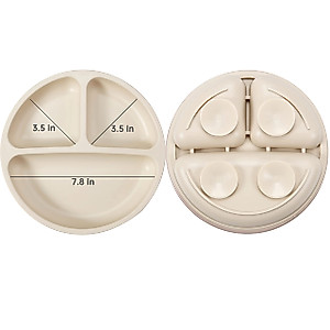 PandaEar Silicone Baby Feeding Set, 2 Pack - Divided Suction Plate, 2 Tiny Cup with Spoons, BPA Free, Light Tan/Pink