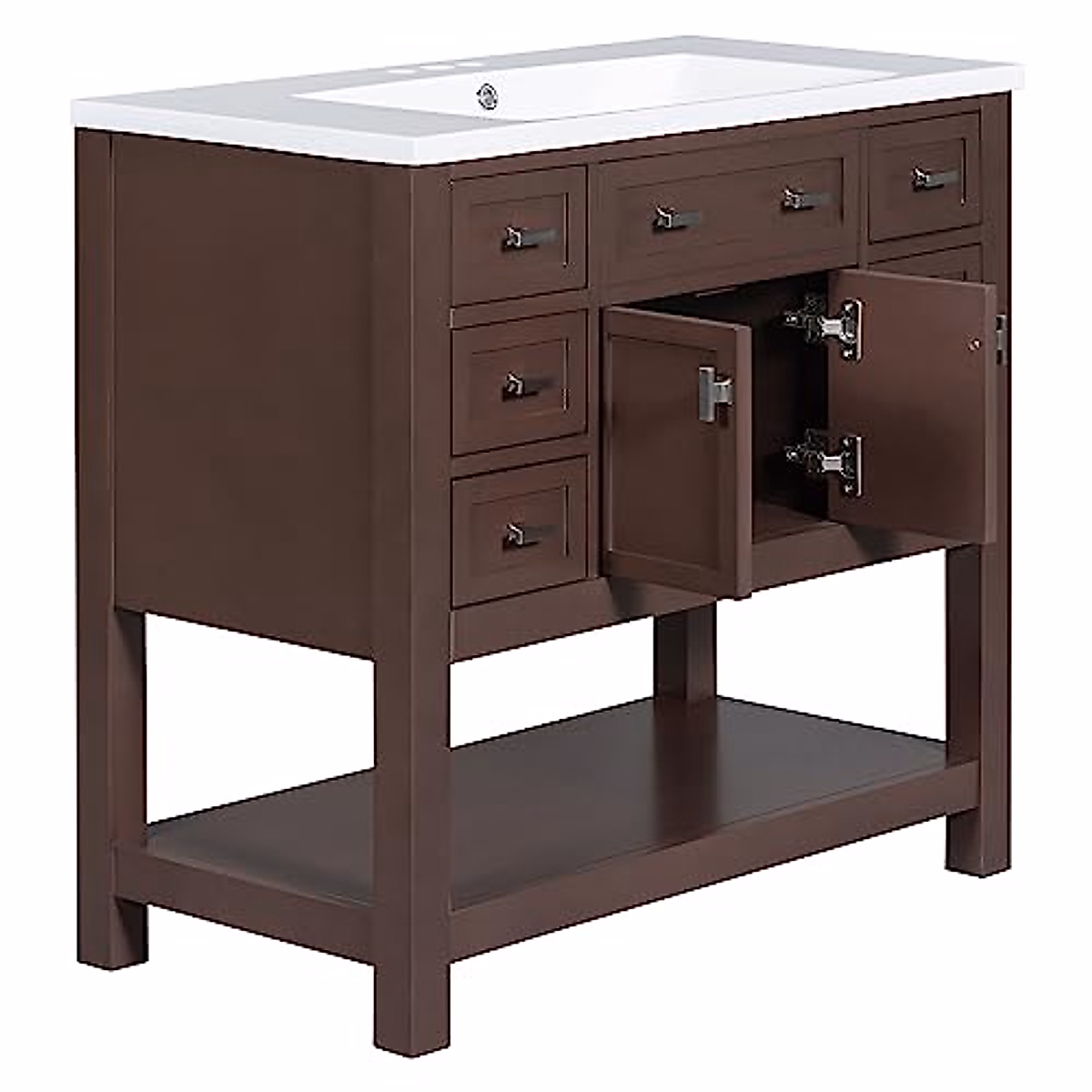 VKKILPEE 36'' Freestanding Bathroom Vanity Set Bathroom Vanity with Top Sink, Bath Vanity Storage Cabinet with 6 Drawers & 2 Soft Closing Doors, Modern Bathroom Vanity and Sink Combo, Brown