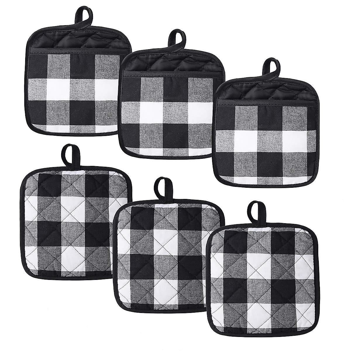 6 Pieces 100% Cotton potholders for Kitchens ， Heat Resistant with Pocket for Easy Grip. (Black Plaid)