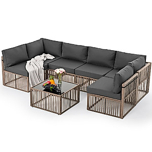 Pamapic 7 Pieces Outdoor Sectional Set, All-Weather PE Rattan Patio Conversation Set, Wicker Adjustable Patio Furniture Set with Washable Cushions Covers and Coffee Table, Brown Rattan, Gray Cushion