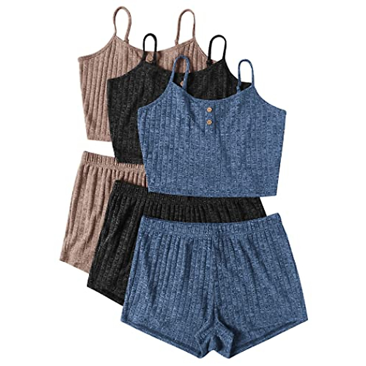 Ekouaer Sexy Loungewear Set for Womens Rib-Knit Outfits Camisole Top with Shorts Lounge Pj Set Khaki Black Plain Blue,Medium