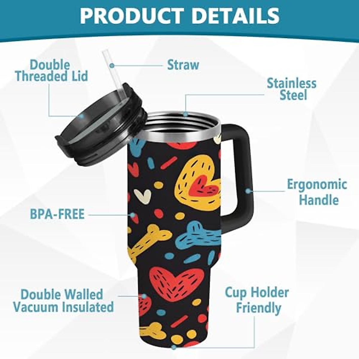 FRCSDIY Bones and Love Insulated Tumbler with Handle and Straw Lid,30oz Leakproof Stainless Steel Cup BPA-Free Water Bottle