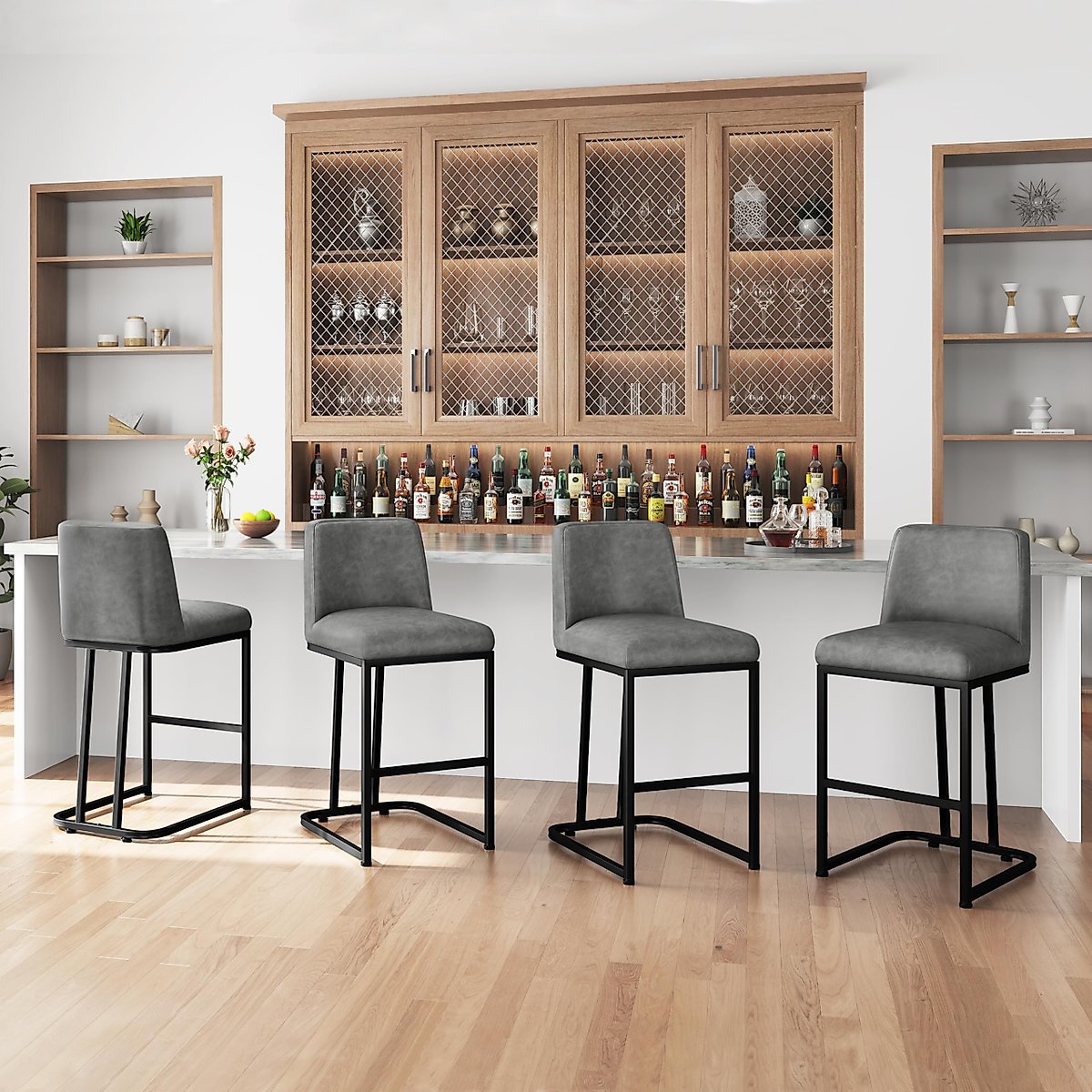 Yaheetech Counter Height Bar Stools 24'' Bar Stools Set of 2 Leather Bar Chairs Modern Upholstered Barstools with Back for Kitchen Counter Gray