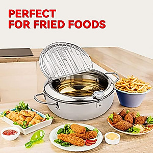 Kerilyn Deep Fryer Pot, 11 Inch/4.2 L Janpanese Style Tempura Frying Pot with Lid, 304 Stainless Steel with Temperature Control and Oil Drip Drainer Rack, for Kitchen French Fries, Chicken etc