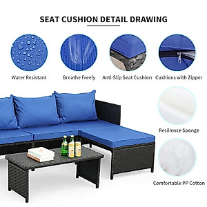 Valita 3-Piece Outdoor PE Rattan Furniture Set Patio Black Wicker Conversation Loveseat Sofa Sectional Couch Royal Blue Cushion