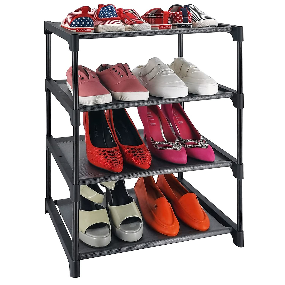 HITHIM 4 Tiers Small Shoe Rack,Narrow Stackable Shoe Shelf Organizer,Sturdy Shoe Stand, Non-Woven Fabric Metal Free Standing Shoe Racks for Entryway, Doorway and Bedroom Closet