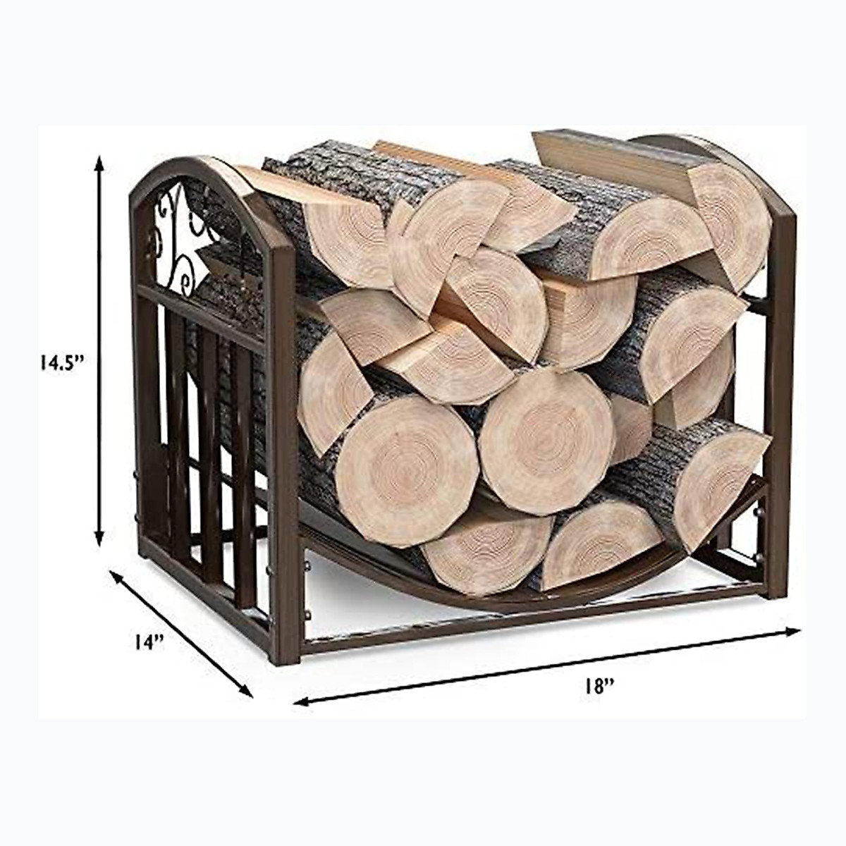 Firewood Rack Holder With Decorative Scroll Design- Metal Outdoor Indoor Log Storage Bin for Fireplace Firepit and Wood Stove by Home-Complete (Brown)
