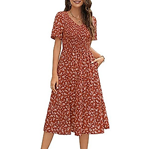 Annebouti Women 2023 Summer Short Sleeve V Neck Beach Modest Boho Floral Tiered Smocked Casual Midi Dress with Pockets Brown
