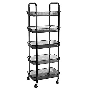 SONGMICS Rolling Cart, 5-Tier Metal Storage Cart, Kitchen Storage Trolley with 2 Brakes, Utility Cart with Handles, Easy Assembly, for Bathroom, Kitchen, Office, Black UBSC063B01