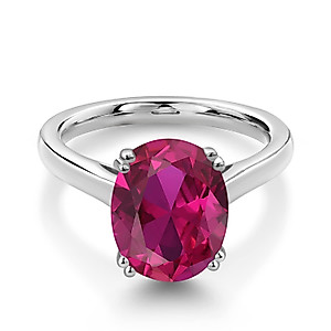 Gem Stone King 925 Sterling Silver Red Created Ruby and White Diamond Solitaire Engagement Ring For Women (4.03 Cttw, Oval 11X9MM, Available in size 5, 6, 7, 8, 9)