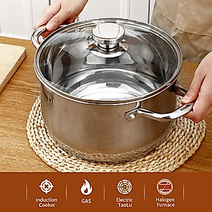Stock Pots,5 QT Stainless Steel Saucepot with Glass Lid Silver Anti-scalding Handle Stockpot By DERUI CREATION (5QT(9.45”x6.10”), Silver)