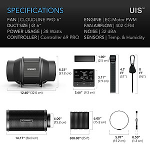 AC Infinity Air Filtration PRO Kit 6”, CLOUDLINE Inline Fan with Controller 69, Carbon Filter Ducting Combo, Cooling and Ventilation System for Grow Tents, Hydroponics, Indoor Gardening