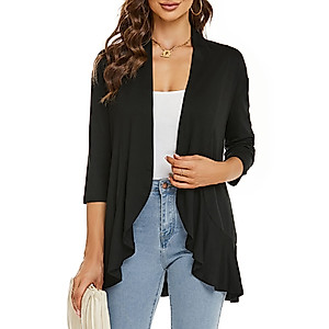 YnimioAOX Women's Open Front Cardigan 3/4 Sleeve Solid Casual Kimono Sweater Coat,X-Large,N20-autumn black