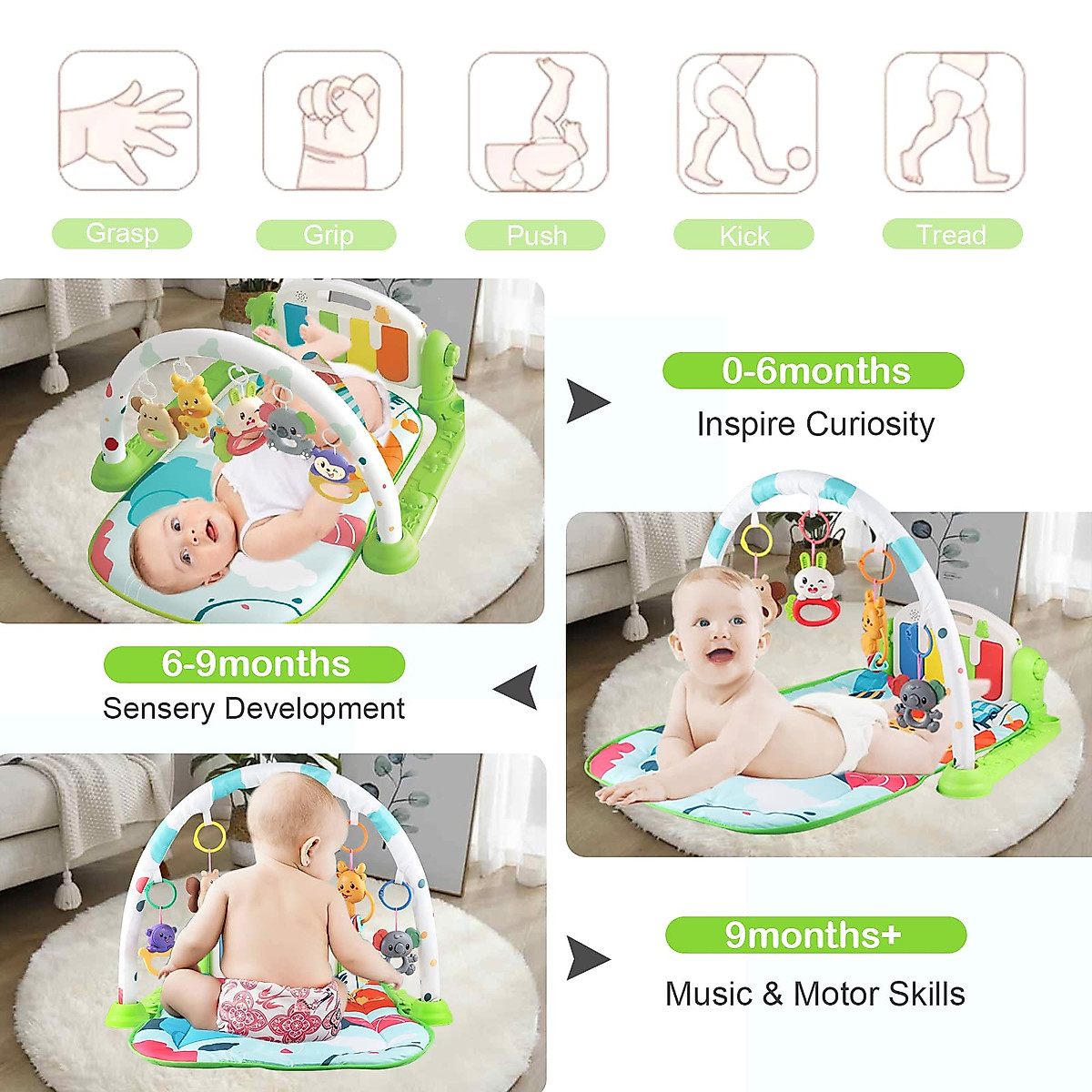 AKIKI Baby Gyms Play Mats, Funny Play Piano Gym Mats Detachable Baby Play Gym Mat with Music and Lights Musical Electronic Learning Toys, Activity Center for Infants Toddlers