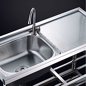 Free Standing Stainless-Steel Single Bowl, Commercial Restaurant Kitchen Sink Set w/ Faucet & Drainboard, Prep & Utility Washing Hand Basin w/ Workbench & Storage Shelves Indoor Outdoor ( Color : A )