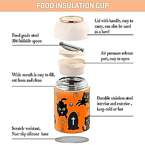 CUPADA Black Cat Footprints Food Jar, Kitten Cartoon Lovely Insulated Hot Food Jars Vacuum 17OZ with Folding Spoon for Work Trip Picnic Camping