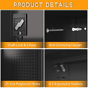Upgraded Tall & Wide Metal Storage Cabinet with Doors & 4 Adjustable Shelves | Heavy-Duty Black Lockable Garage Cabinet with Wheels & Pegboard for Office, Gym, Basement, Warehouse (Black)