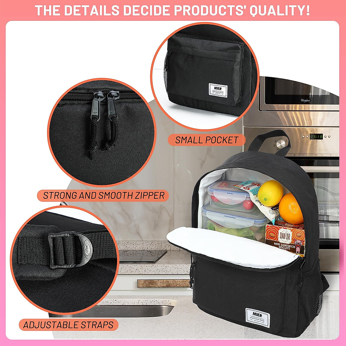 MIER Insulated Backpack Cooler Small Leakproof Lunch Back Pack with Coolers Lightweight Cute Lunch Bag for Women Girls Teens to Work, School, Picnics, Camping, Park Day Trips, 15 L, Black