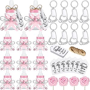 Sunnyray 40 Pcs Baby Shower Bottle Favor 12 Pcs Mini Milk Bottles 12 Pcs Baby Footprint Keychain Bottle Opener 12 Pcs Thanks Tags 4 Pcs Artificial Flower for Boy Girl Newborn Baptism (Pink, Silver)