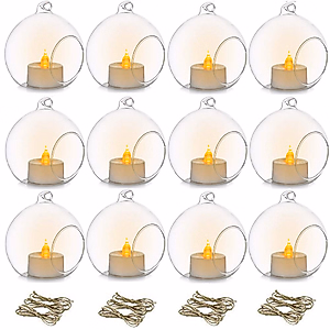 12 Pcs 3.15"/ 8cm Hanging Glass Tealight Holder Globe with LED Tealight, Plant Terrariums Glass Orbs Air Plants Tea Light Candle Holders Home Decor Indoor Outdoor Garden DIY Gifts (12 Pcs)