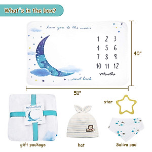 Baby Monthly Milestone Blanket, Unisex Baby Photo Blankets for Newborn Baby Shower, Plush Month Blanket for Boy and Girl, Growth Chart Nursery Blanket Includes Bandana Drool Bib & Baby Hat