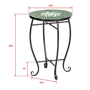 Outdoor Side Table, Metal Coffee End Table, Mosaic Accent Table, Small Terrace Bistro Table, Plant Stand for Patio Porch Beach Balcony, Glass Top & Black Iron, 14 Inch (Green Flowers)