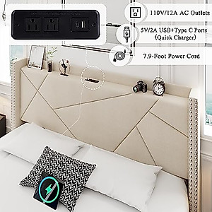 Feonase King Bed Frame with 4 Storage Drawers, Upholstered Platform Bed with Charging Station & Wingback Headboard, Solid Wood Slats Support, No Box Spring Needed, Noise-Free, Beige