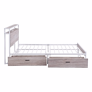 CITYLIGHT Metal Bed Frame Queen with Two Drawers, Queen Size Storage Bed with Sockets, USB ports and Slat Support,No Box Spring Needed,Easy Assembly,White