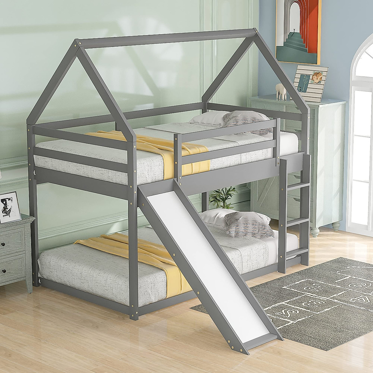 Bellemave Twin Over Twin House Bunk Bed with Slide, House Bunk Bed Kids Bunk Bed with Roof and Ladder for Kids Girls Boys (Grey)