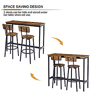 GNIXUU 3 Piece Pub Dining Set, 43" Rectangular Bar Bistro Table and 2 Bar Stools with Backrest, Industrial Wood Breakfast Table Set for Kitchen Nook, Apartment, Small Space(3, 43Inch)