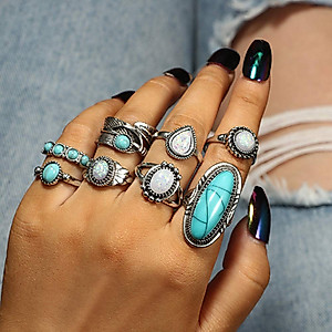 Asphinien 8 Pcs Bohemian Joint Knuckle Rings Set Oval Turquoise Finger Ring Opal Gemstone Teardrop Midi Rings Punk Leaf Index Ring for Women