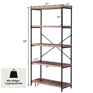 Giantex Industrial 5-Tier Wood Bookshelf - 63’’ Tall Open Storage Organizer Shelves with Anti-Tipping Device and Foot Pads, Steel Frame Bookcase Display Rack for Living Room, Bedroom, Office, Brown